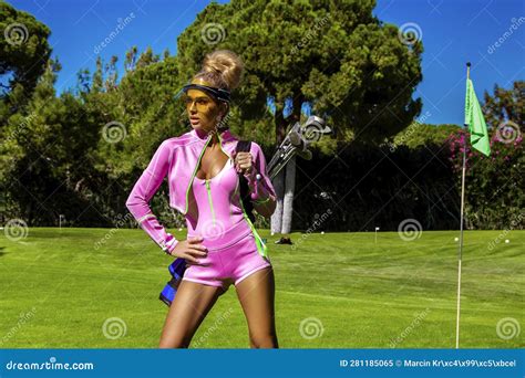 Golfer Beautiful Hot And Female Golf Player Posing Seductively On Golf