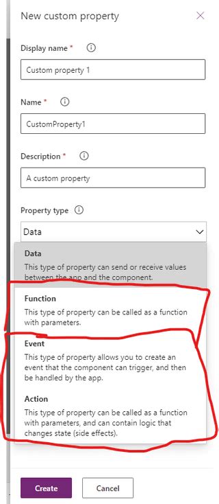 what are function event and action component properties r powerapps