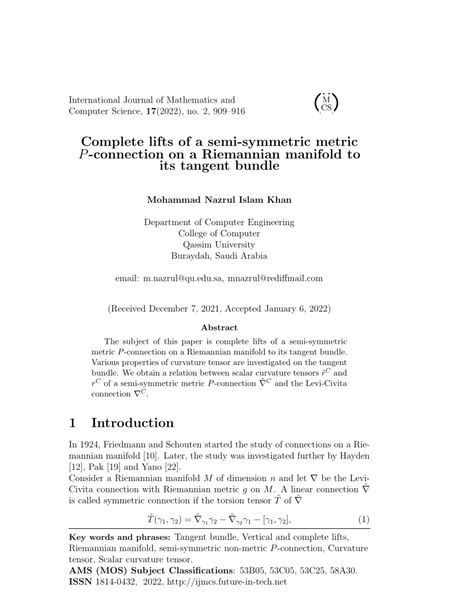 Pdf Complete Lifts Of A Semi Symmetric Metric P Connection On A Riemannian Manifold To Its