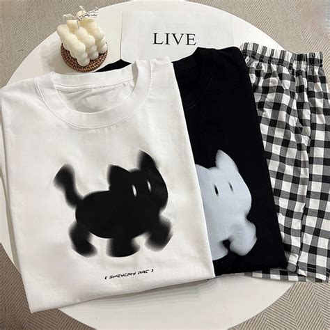 🖤[당일출고 남녀공용]🖤 고양이 캣 빅사이즈 박시핏 루즈핏 오버핏 박시티 반팔 티 티셔츠 여름 면티 커플티 커플룩 커플 커플잠옷 순면 잠옷 파자마 상하세트 체크바지 프리미엄