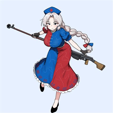 Cocktiel77 Yagokoro Eirin Touhou Highres 1girl Anti Materiel Rifle Blue Background Blue