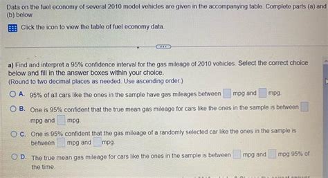Solved Table Of Mpg Values F 2010vel Between Like The O Cted Chegg Com