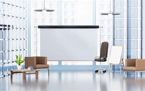 큰 사무실 공간 텍스트와 의자를 위한 공간이 있는 프로젝터 스크린 프리젠 테이션 회의실 인테리어 3d 렌더링 그림 0명에 대한 스톡 사진 및 기타 이미지 Istock
