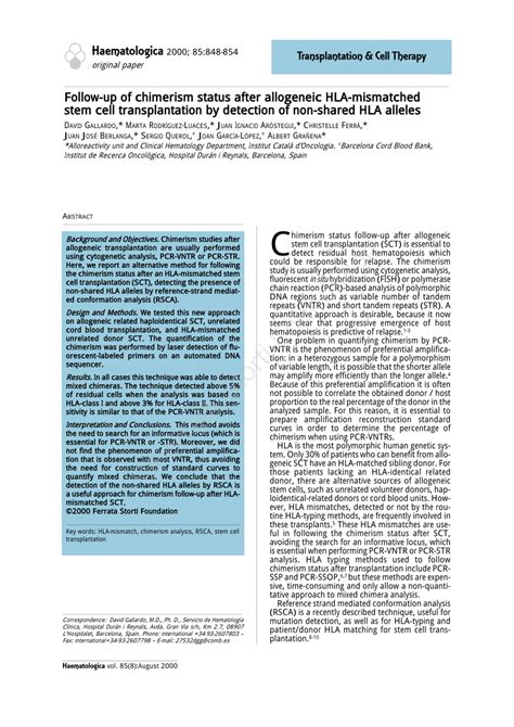 Pdf Follow Up Of Chimerism Status After Allogeneic Hla Mismatched Stem Cell Transplantation By