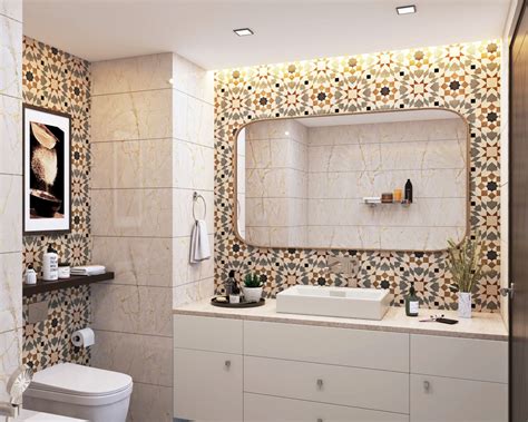 Multicoloured Mosaic Square Bathroom Tile Desgn With Semi Glossy Finish