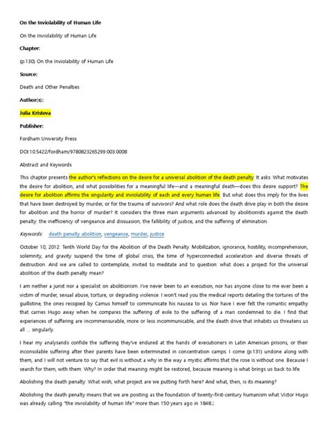 On The Inviolability Of Human Life Pdf Capital Punishment Evil