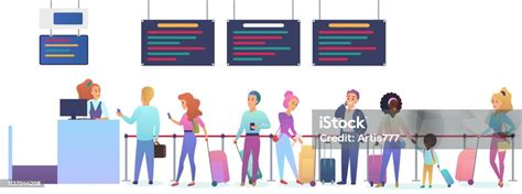 공항에서 비행기 출발을 기다리는 수하물을 가진 사람 체크인 항공편 등록 큐 벡터 일러스트 레이 션에 서 있는 남자와 여자 공항에 대한 스톡 벡터 아트 및 기타 이미지