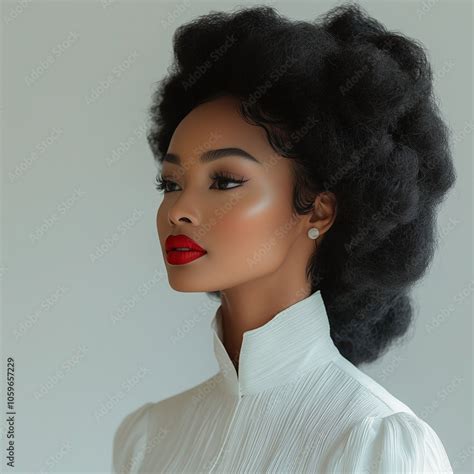 Blasian Woman Model With Afro Hair In A Stylish Updo Red Lip White