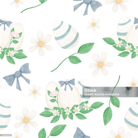 그린 달걀 흰색과 분홍색 꽃 데이지와 튤립 녹색 밝은 단풍 푸른 활 인쇄 웹 직물에 대 한 수채화 질감 일러스트와 부활절 완벽 한 패턴 계절에 대한 스톡 벡터 아트 및 기타