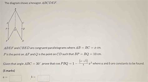 Solved The Diagram Shows A Hexagon Abcdef Abef And Cbed Are Congruent Parallelograms Where Ab