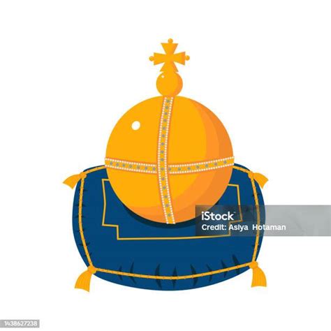 의식용 베개에 있는 글로버스 십자군 십자가 베어링 제국 구 만화 벡터 삽화입니다 로얄 골드 쥬얼리 왕 여왕 군주제 제국의 상징 흰색 배경에 격리 Empire에 대한 스톡