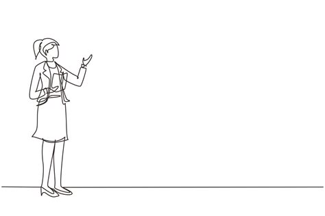 Single One Line Drawing Woman Teacher Professor Standing In Front Of