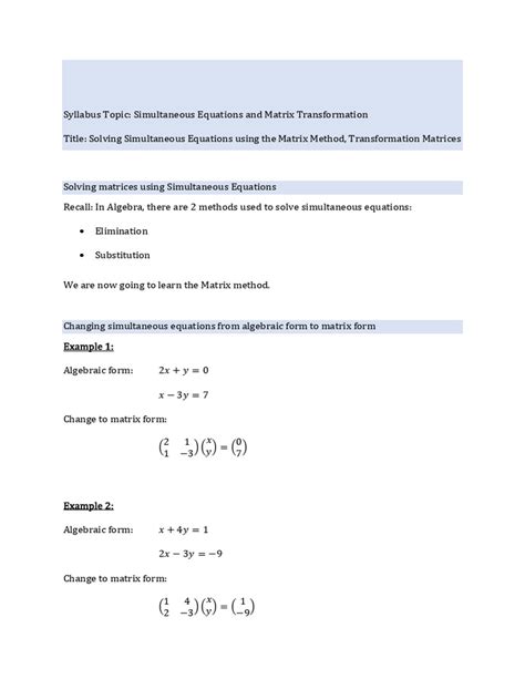 Solving Simultaneous Equations With Matrices Pdf Matrix