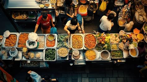 Overhead View Of Food Stalls And Customers In A Busy Market Stock