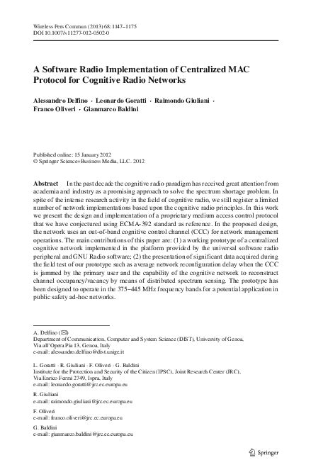 Pdf A Software Radio Implementation Of Centralized Mac Protocol For Cognitive Radio Networks