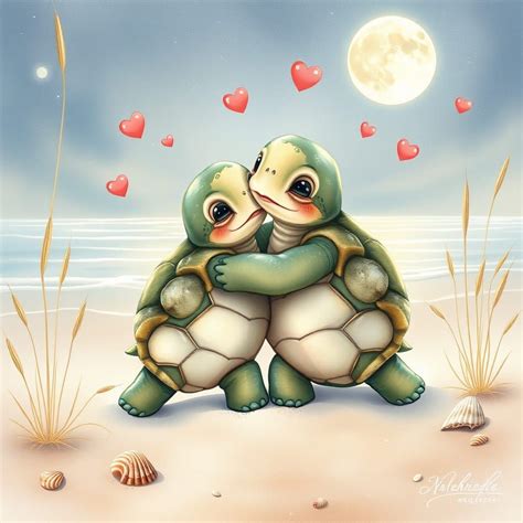Adorable Turtles Hug Under Moonlit Beach In Whimsi Ai Art