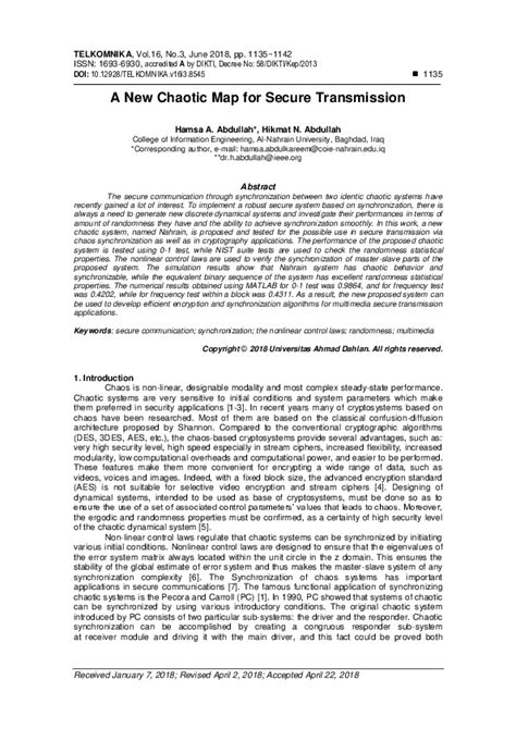 Pdf A New Chaotic Map For Secure Transmission Telkomnika Journal And Hamsa Abdullah