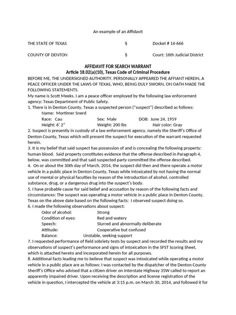 Texas Affidavit For Search Warrant Example Pdf Affidavit Arrest