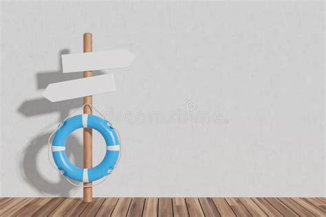 Lifebuoy And Mockup Road Pointer On Grey Concrete Wall Hardwood Floor Copy Space Stock Lifebuoy And Mockup Road Pointer On Grey Concrete Wall Hardwood Floor Copy Space Stock