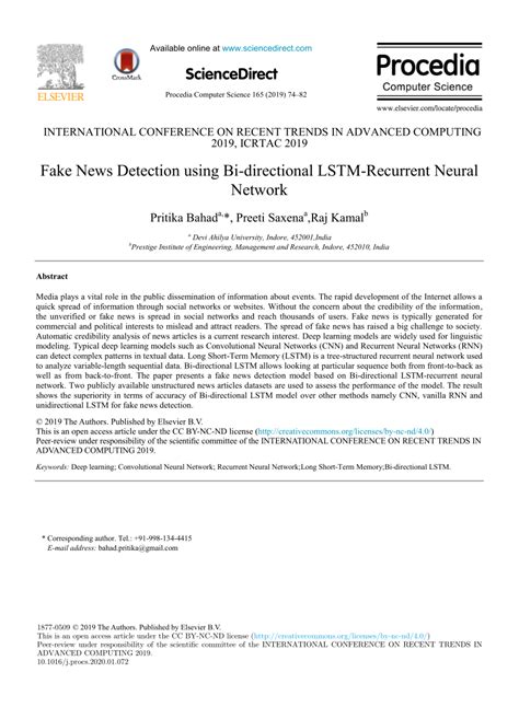 Pdf Fake News Detection Using Bi Directional Lstm Recurrent Neural