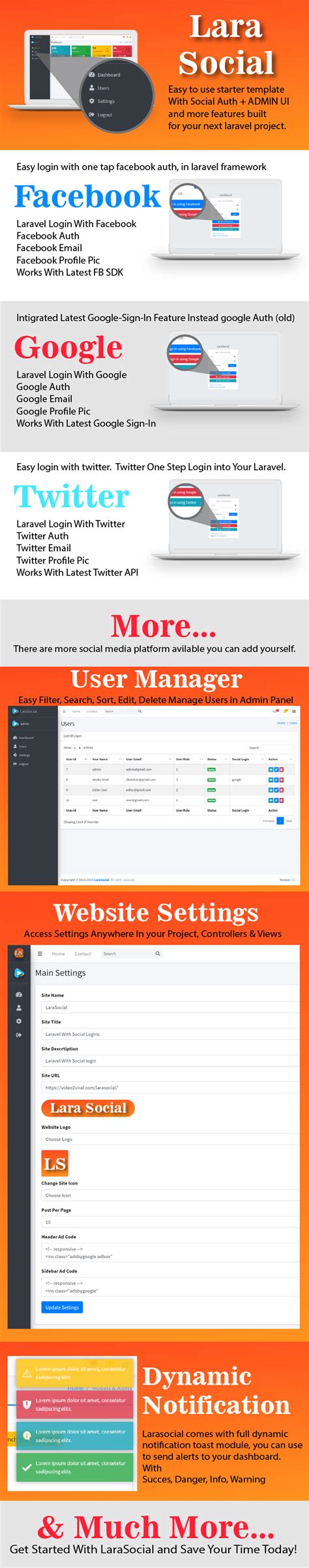 larasocial laravel social logins with user role admin panel code
