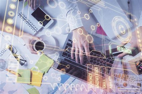 Premium Photo Double Exposure Of Mans Hands Typing Over Computer Keyboard And Data Theme