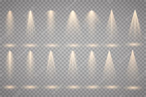 투명 배경에 고립 된 골드 스포트라이트의 집합입니다 벡터 빛나는 조명 효과 프리미엄 벡터