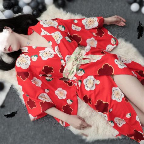 Red Sakura Print Kimono Lingerie Nightdress Spreepicky