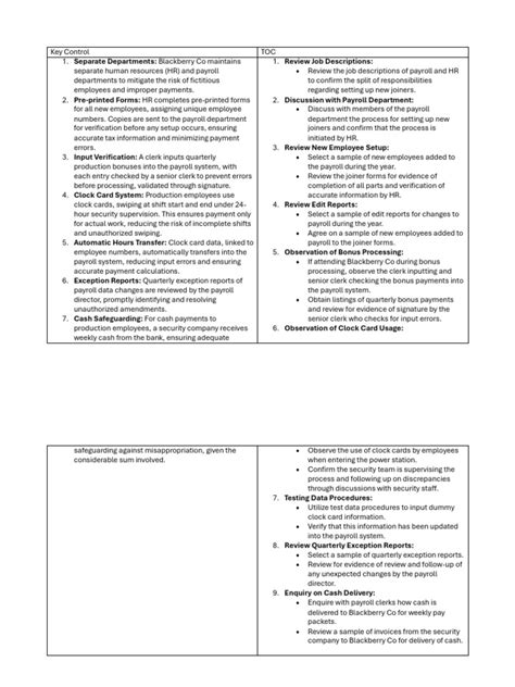Key Control And Toc Pdf Payroll Employment