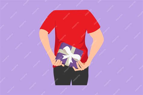 남자나 남편의 그래픽 플랫 디자인 드로잉은 로맨틱한 놀라움을 선물함으로써 그의 아내를 놀라게 합니다 생일 선물 흰색 리본 활