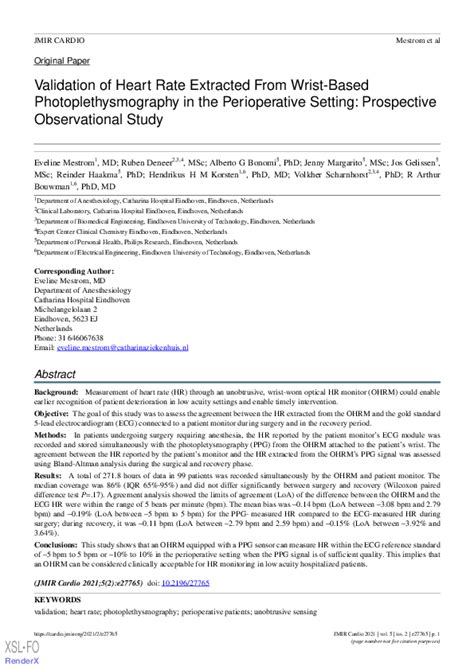 Pdf Validation Of Heart Rate Extracted From Wrist Based Photoplethysmography In The