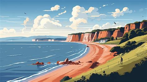 Premium Ai Image A Beach With Grassy Land And Cliffs In Vector Style