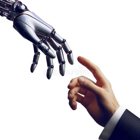 Human And Robot Hand Reaching Towards Each Other Symbolizing Connection And Innovation Stock