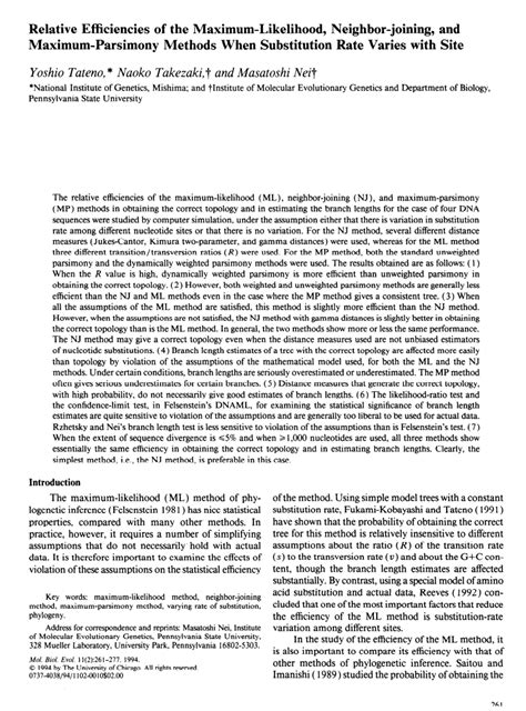Pdf Relative Efficiencies Of The Maximum Likelihood Neighbor Joining And Maximum Parsimony