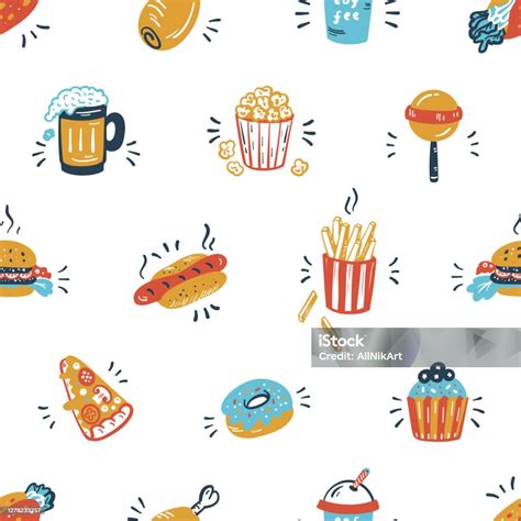 벡터 패스트 푸드 아이콘 원활한 패턴 낙서 건강에 해로운 거리 음식 반복 배경 패턴에 대한 스톡 벡터 아트 및 기타 이미지 패턴 핫도그 길거리 음식 Istock