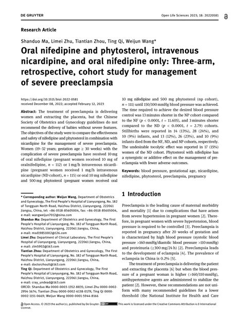 PDF Oral Nifedipine And Phytosterol Intravenous Nicardipine And Oral Nifedipine Only Three