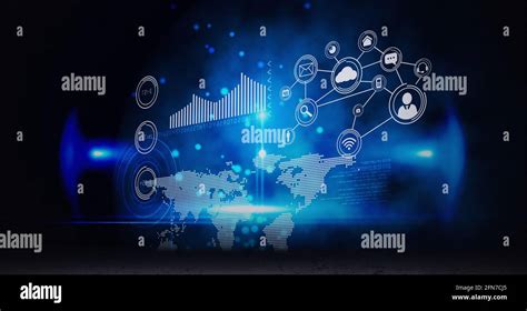 Digital Interface With Data Processing And Blue Spots Of Light Against Black Background Stock