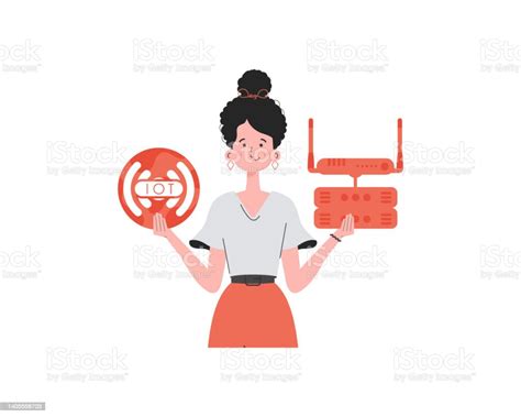 한 여성이 인터넷 사물 아이콘을 손에 들고 있습니다 라우터 및 서버 Iot 및 자동화 개념 격리 트렌디 한 평면 스타일 벡터 일러스트레이션 가상현실에 대한 스톡 벡터 아트