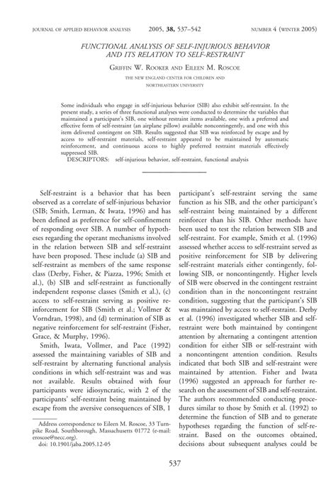 Pdf Functional Analysis Of Self Injurious Behavior And Its Relation To Self Restraint
