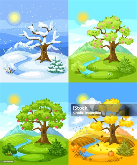 사계절 풍경 겨울 봄 여름 가을에 나무 산 언덕으로 일러스트 가을에 대한 스톡 벡터 아트 및 기타 이미지 가을 겨울 경관 Istock
