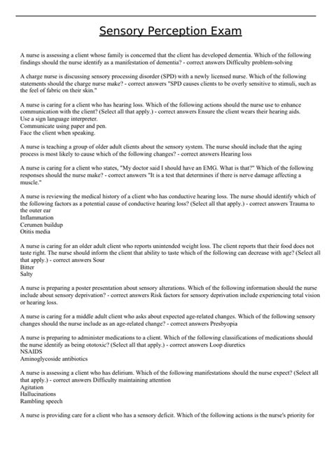 Sensory Perception Exam With Complete Solutions Latest Upload Sensory