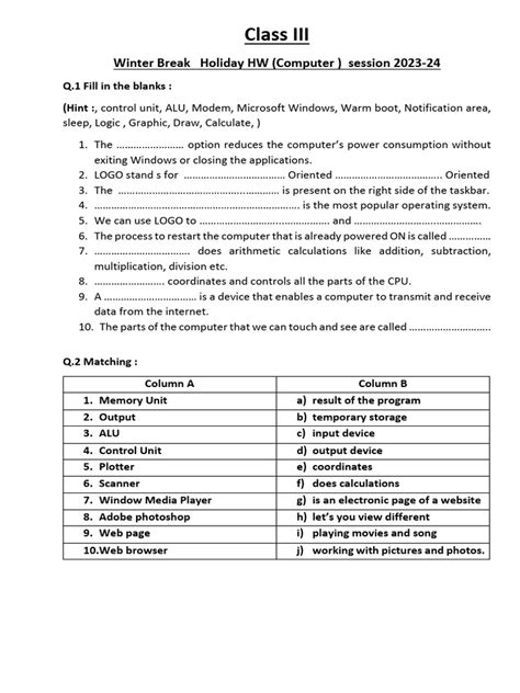 Winterbreak Holiday Hw For Computer Class 3 To 5 Pdf Window