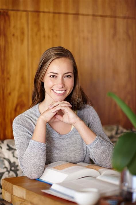Woman Smile And Home With Textbook To Study For University Exams Or