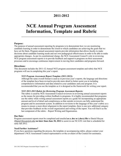 Nce Annual Program Assessment Information Template And Rubric