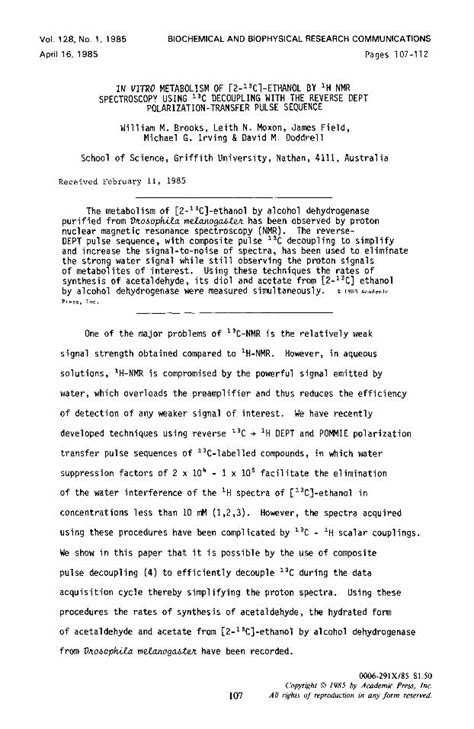 Pdf In Vitro Metabolism Of 2 13c Ethanol By 1h Nmr Spectroscopy