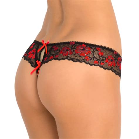 René Rofé Crotchless Floral Lace Thong W Bows Red Black M L