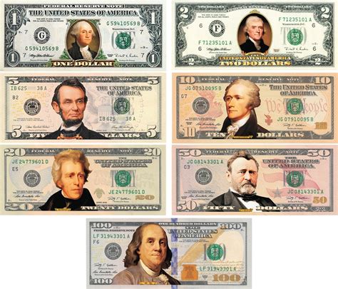 Set Of All 7 Colorized U S Bills 1 2 5 10 20 50 And 100