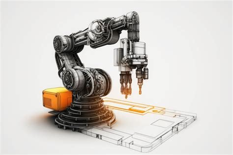 Premium Ai Image Future Robotic Arm Assembly Illustration On A White Backdrop Generative Ai