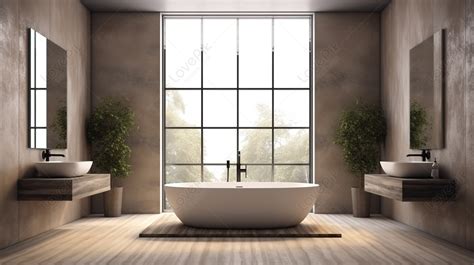 미니멀리스트 3d 렌더링 석재 바닥재 및 목재 타일 벽으로 세련되고 세련된 욕실 디자인 향상 리스 배경 창보기 배경 석재
