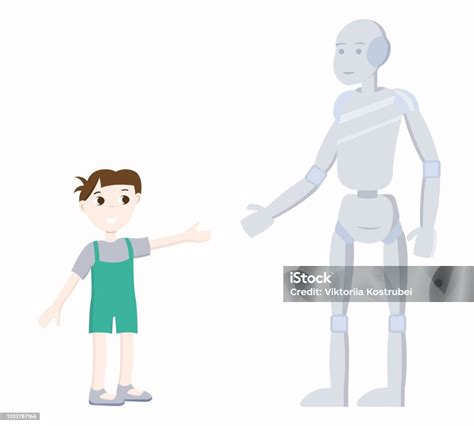 소년과 귀여운 로봇의 벡터 일러스트레이션 로봇과의 우정 가공의 인물에 대한 스톡 벡터 아트 및 기타 이미지 가공의 인물 과학 귀여운 Istock